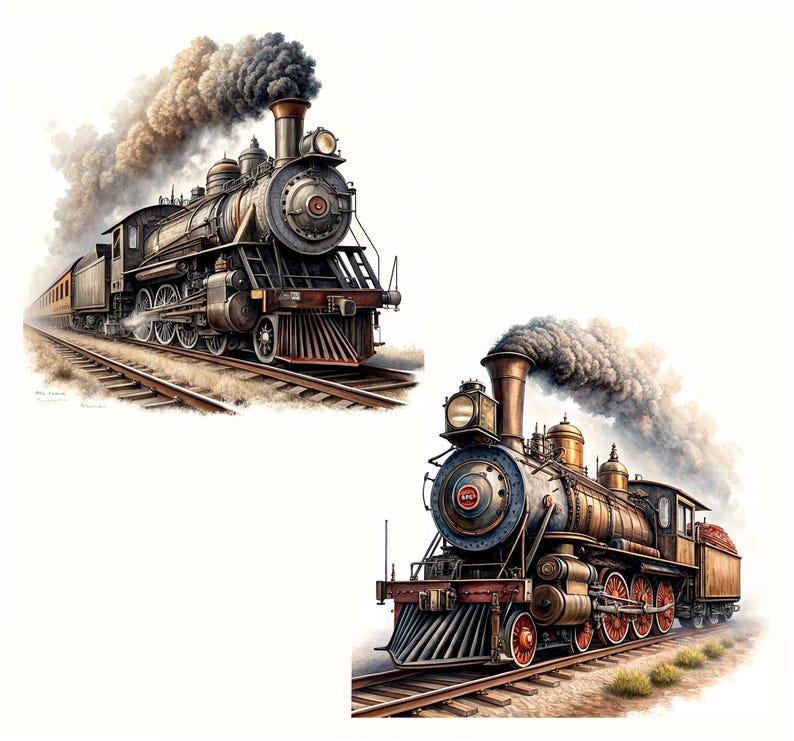 Steam Locomotives Watercolor Clip Art | Vintage Train 21 JPG | Railway ...