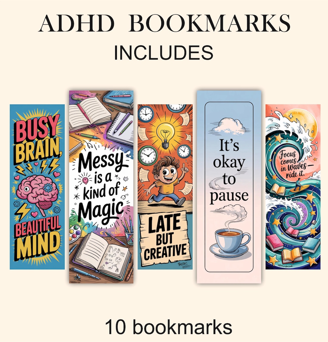 Adhd Bookmarks Printable – 10 Motivational Bookmarks for Neurodivergent ...