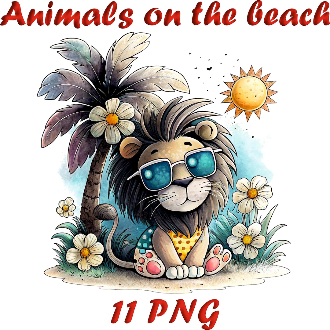 Animals on the Beach Watercolor Clip Art | 11 PNG Summer Beach Animal ...