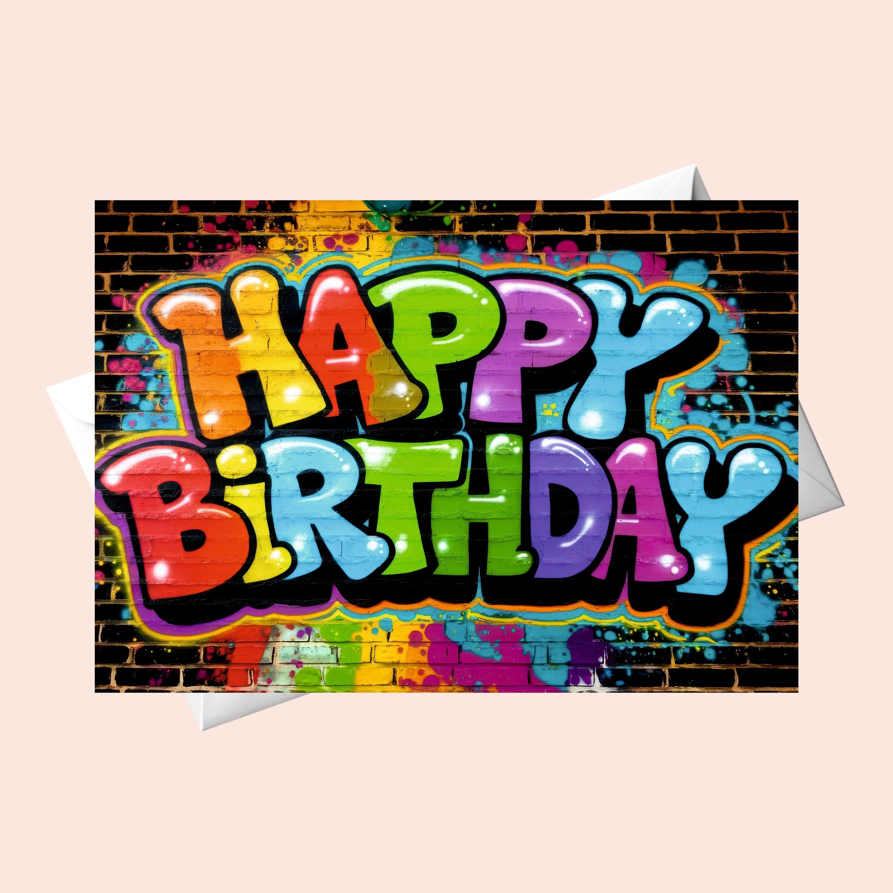 Graffiti Happy Birthday Card – Urban Street Art Style on Brick Wall ...