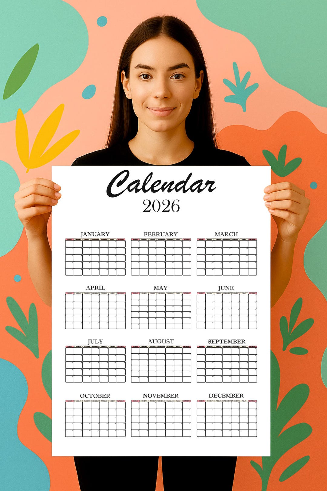 2026 Vertical Calendar Printable: Colorful Weekends, Sunday Start (PDF ...