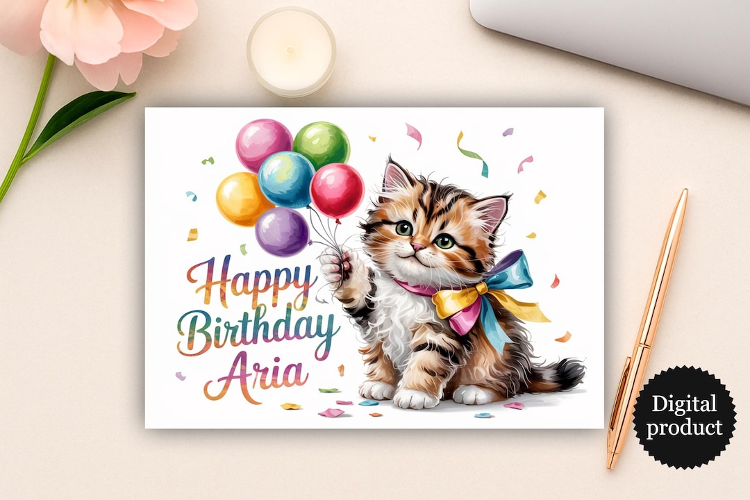 Aria Happy Birthday Card Printable – Custom Name Card for Kids, Kitten ...