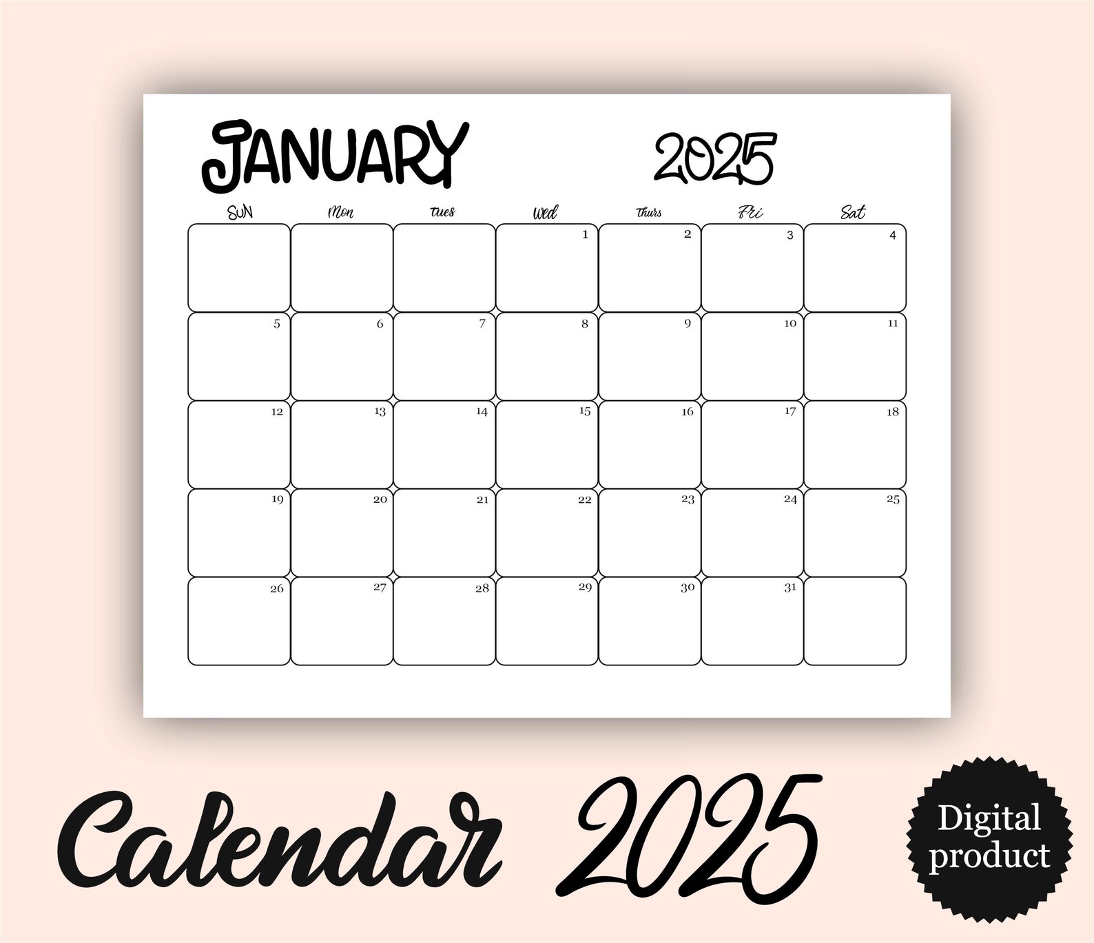 2025 Minimalist Calendar Printable • Landscape Format Wall Calendar ...