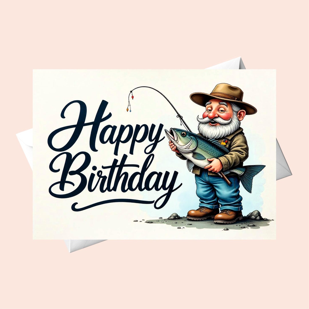 Fisherman Birthday Card: Cartoon Angler (digital Download) - Etsy