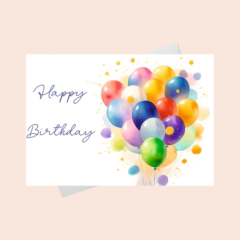 Printable Balloon Birthday Card: Colorful Watercolor Design (PDF) - Etsy