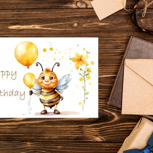 Happy Birthday Card With Fun Bee / Birthday Card With Colorful Balloons ...