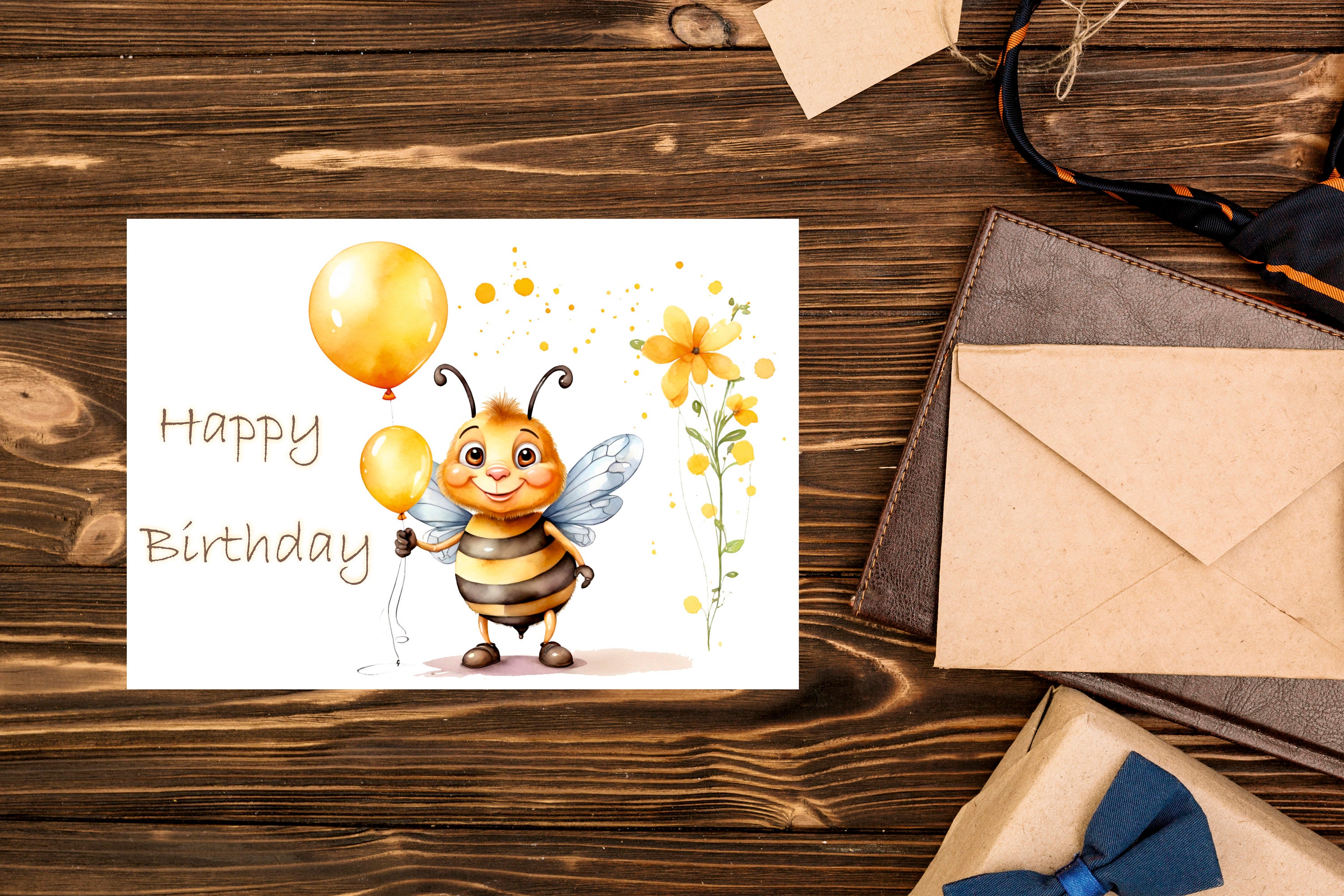 Happy Birthday Card With Fun Bee / Birthday Card With Colorful Balloons ...