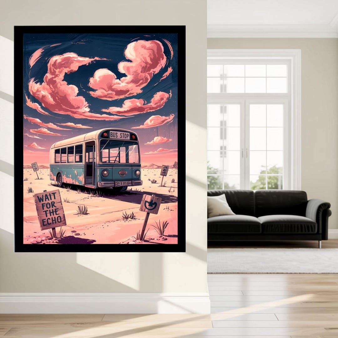 Surreal Desert Bus Stop Poster: Retro Pink Clouds Wall Art (printable ...