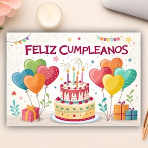 Colorful “feliz Cumpleaños” Birthday Card – Balloons & Cake – Printable ...