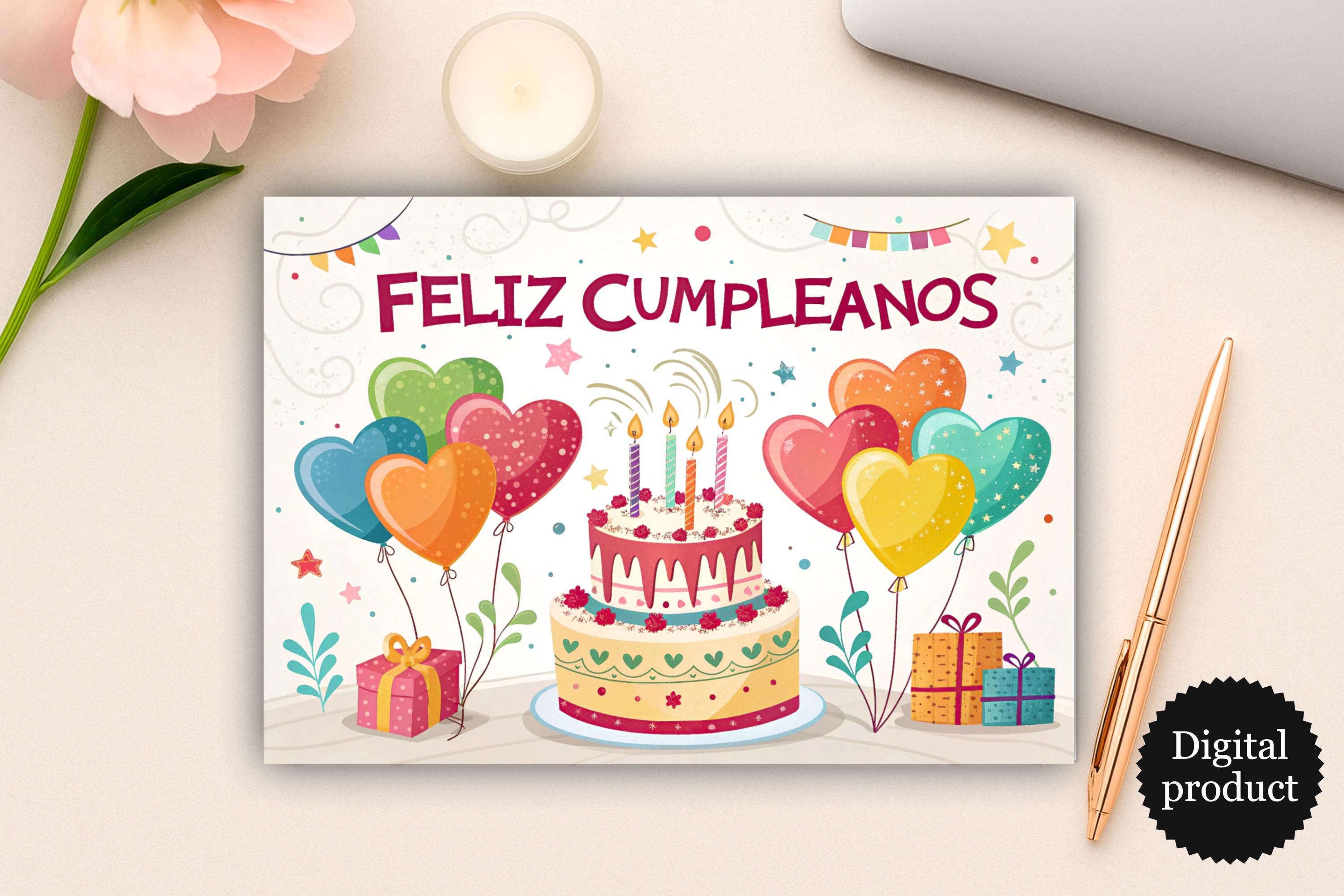 Colorful “feliz Cumpleaños” Birthday Card – Balloons & Cake – Printable ...