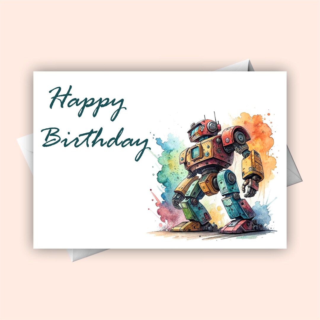 Watercolor Robot Happy Birthday Digital Card | Cute Printable Greeting ...
