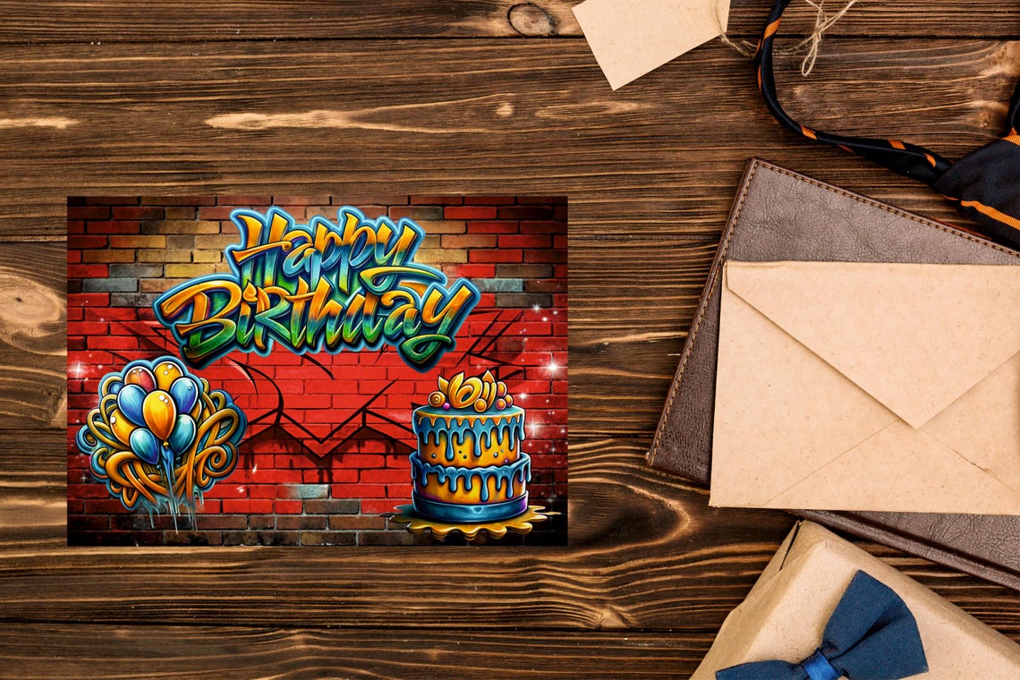 Happy Birthday Card Graffiti Style Balloons and Cake/graffiti Card ...