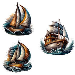 Sailing Ships Watercolor Clip Art | 15 PNG Nautical Boat Illustrations ...