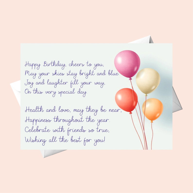 Balloons Happy Birthday Card With Verses (PDF) - Etsy