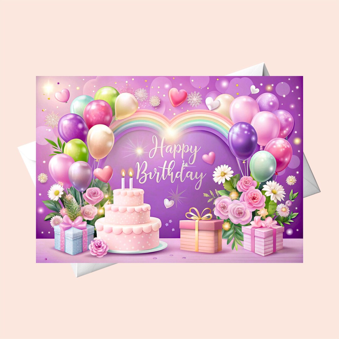 Rainbow Heart Birthday Card: Cake & Balloons (printable) - Etsy