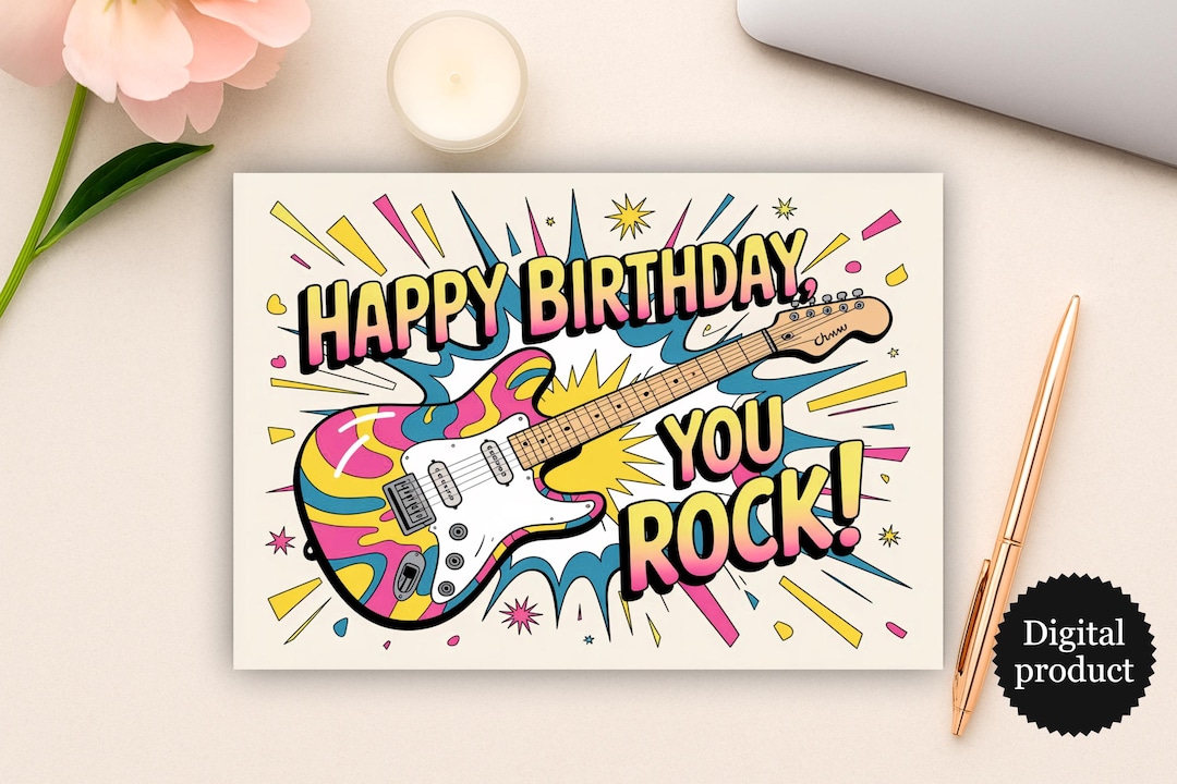 Retro Guitar Birthday Card – Pop Art Music Gift (digital Download PDF ...
