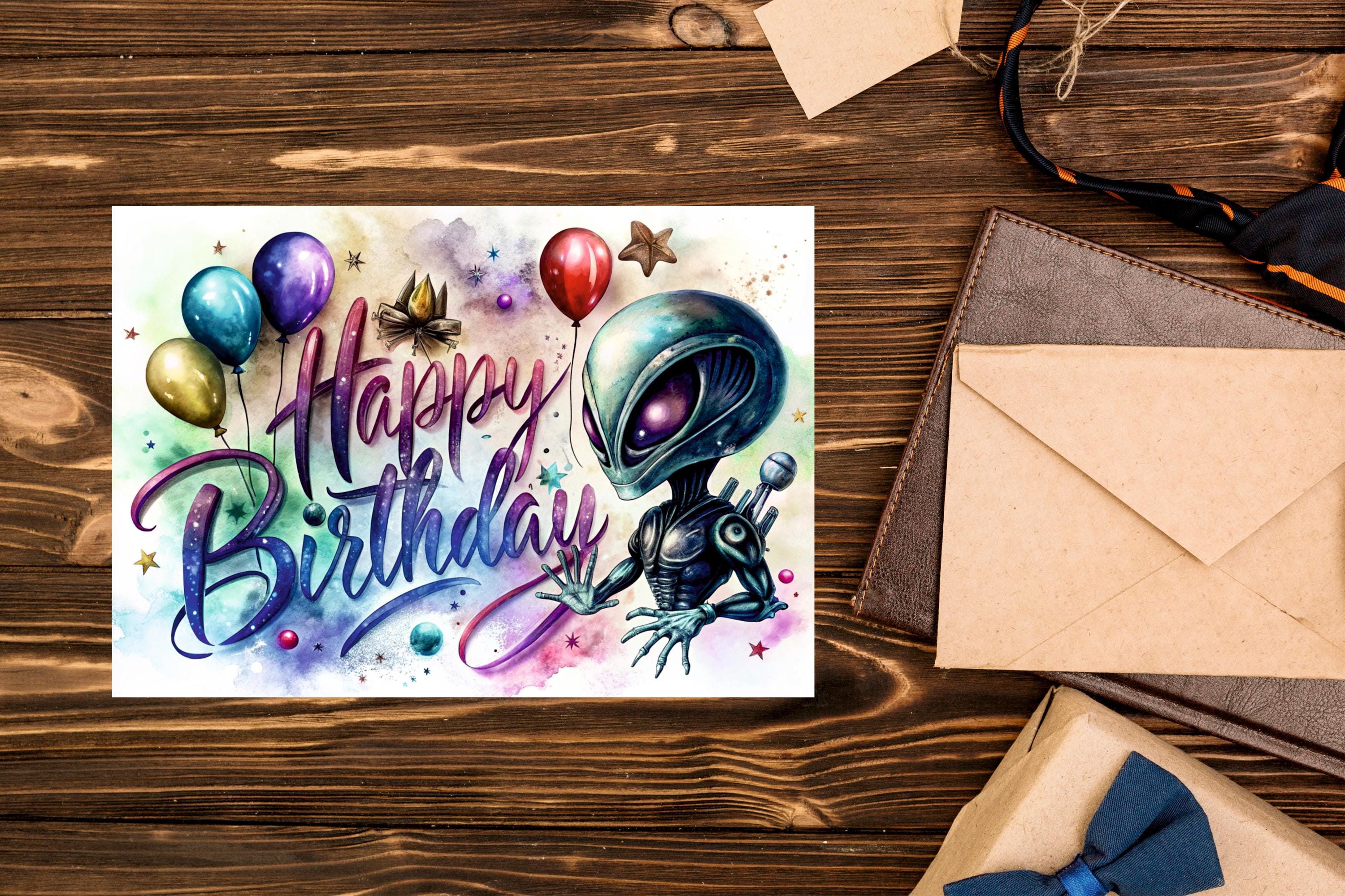 Happy Birthday Card Alien With Flowers / Digital Download / Printable ...