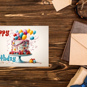 Happy Birthday Digital Greeting Card With Cake and Balloons for a ...