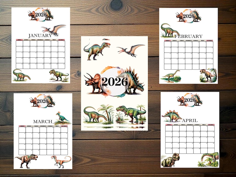 2026 Dinosaur Calendar Printable Horizontally in A4 and US Letter Size ...