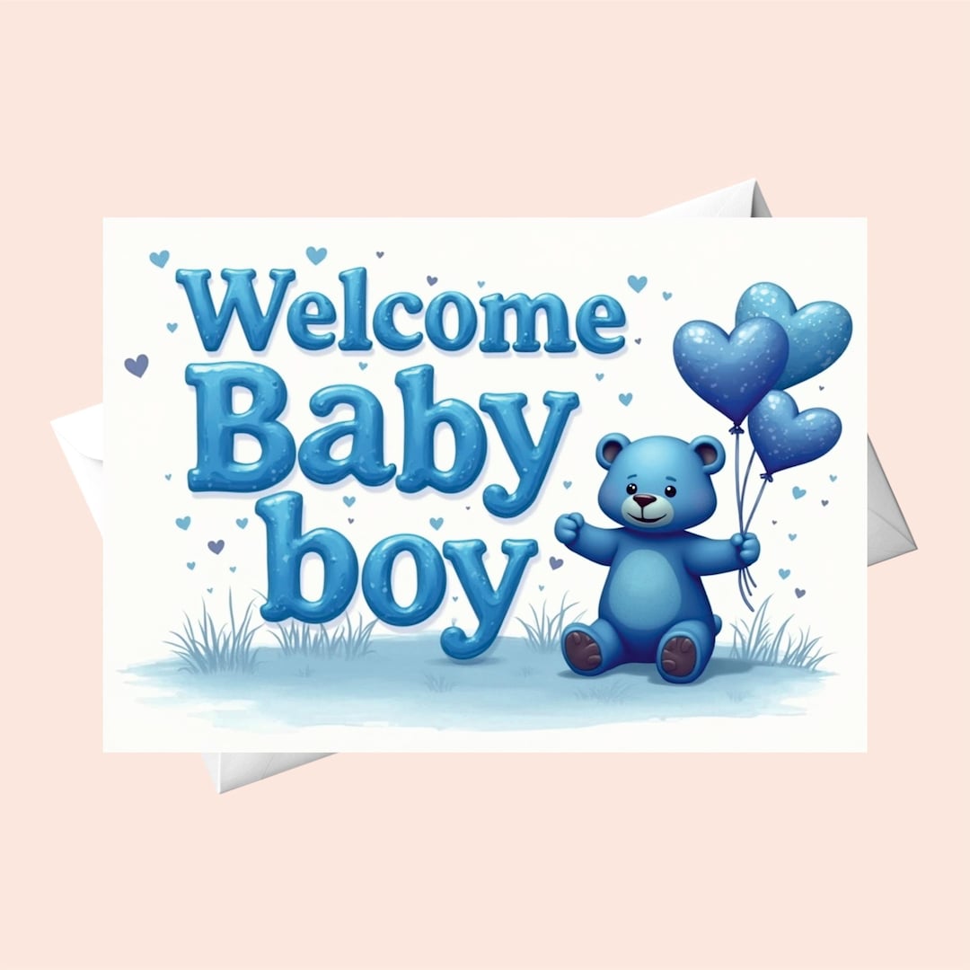 Welcome Baby Boy Card - Cute Bear With Balloons Design, Perfect for ...