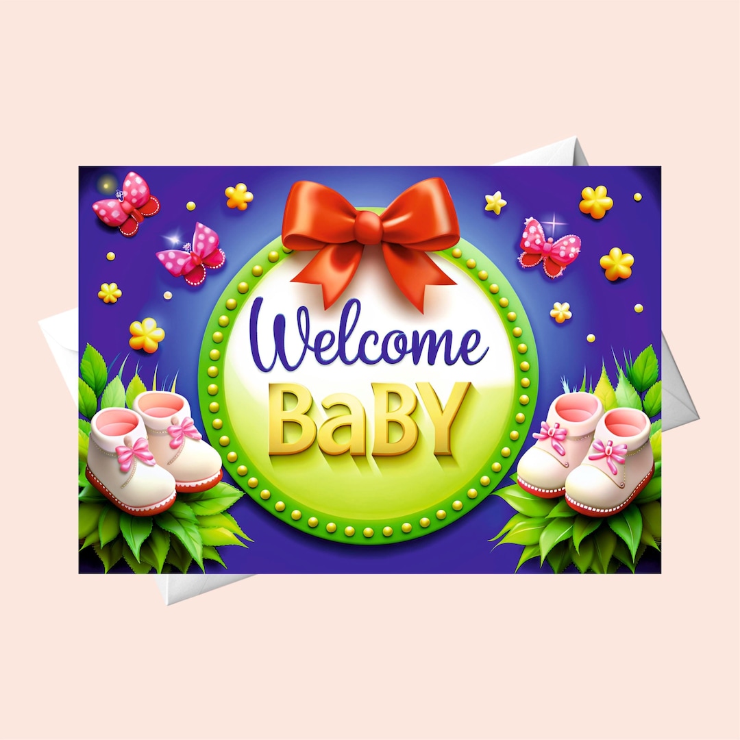 Welcome Baby Card With Bow and Pink Boots / Baby Shower Card/baby ...