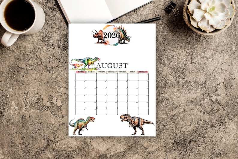 2026 Dinosaur Calendar Printable Horizontally in A4 and US Letter Size ...