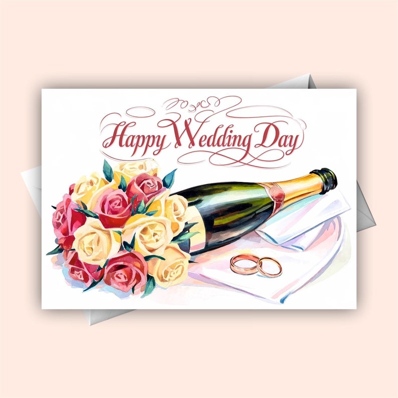 Happy Wedding Day, Digital Watercolor Wedding Party Card, Elegant ...