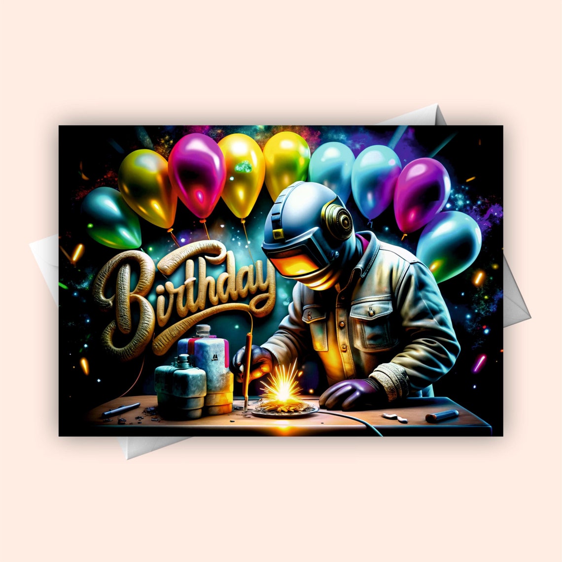 Welder Birthday Card With Colorful Balloons – Digital Greeting Card for ...