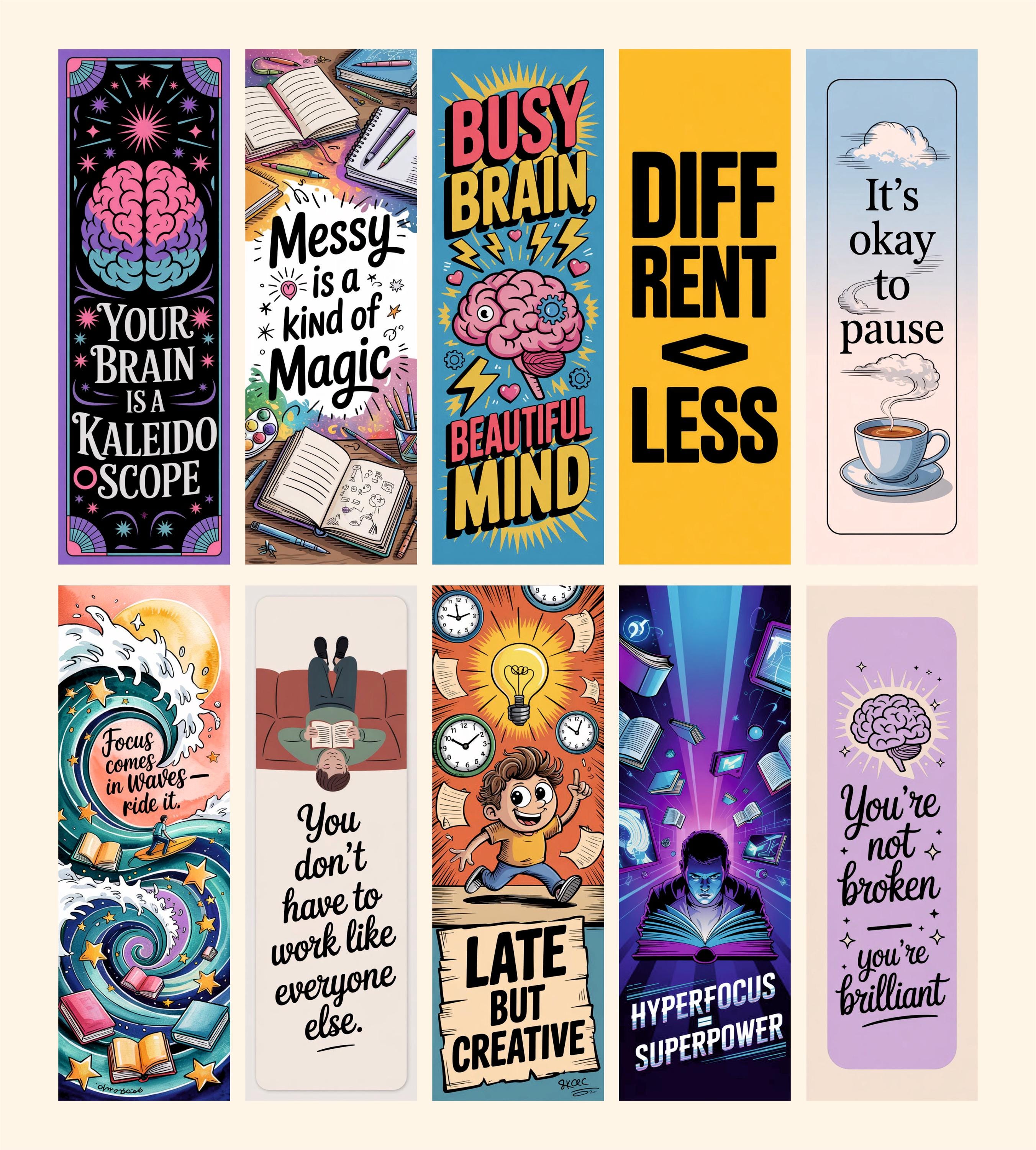Adhd Bookmarks Printable – 10 Motivational Bookmarks for Neurodivergent ...