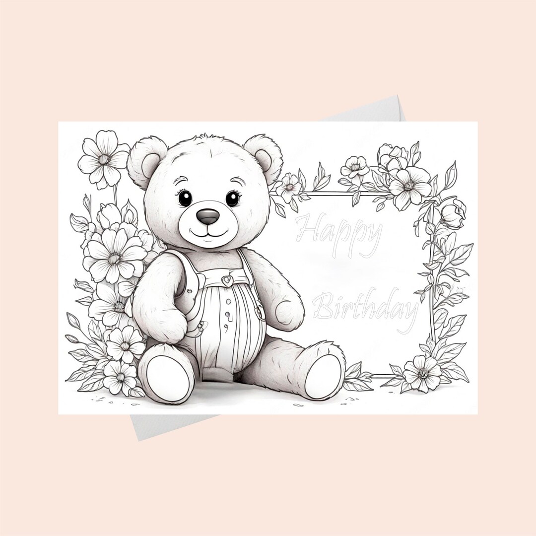 Happy Birthday Card With Flowers and Bear/digital Download/birthday ...