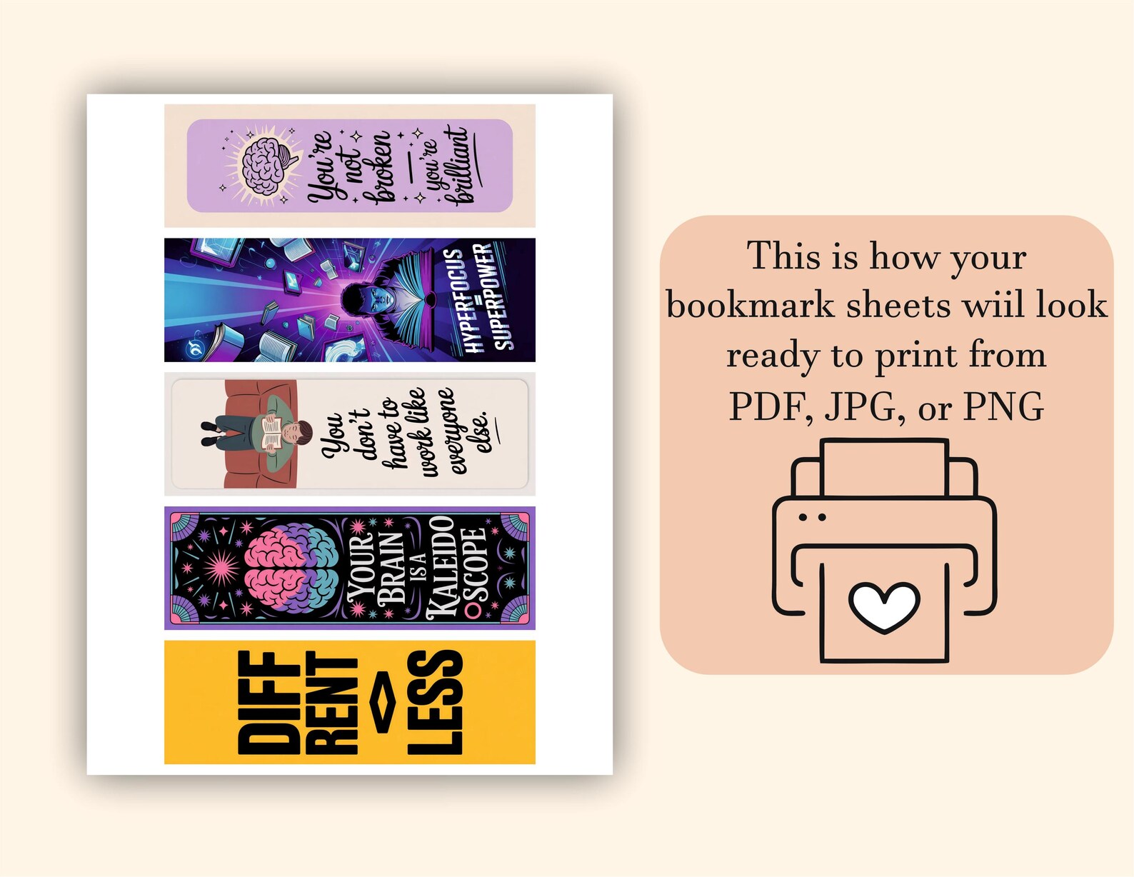 Adhd Bookmarks Printable – 10 Motivational Bookmarks for Neurodivergent ...