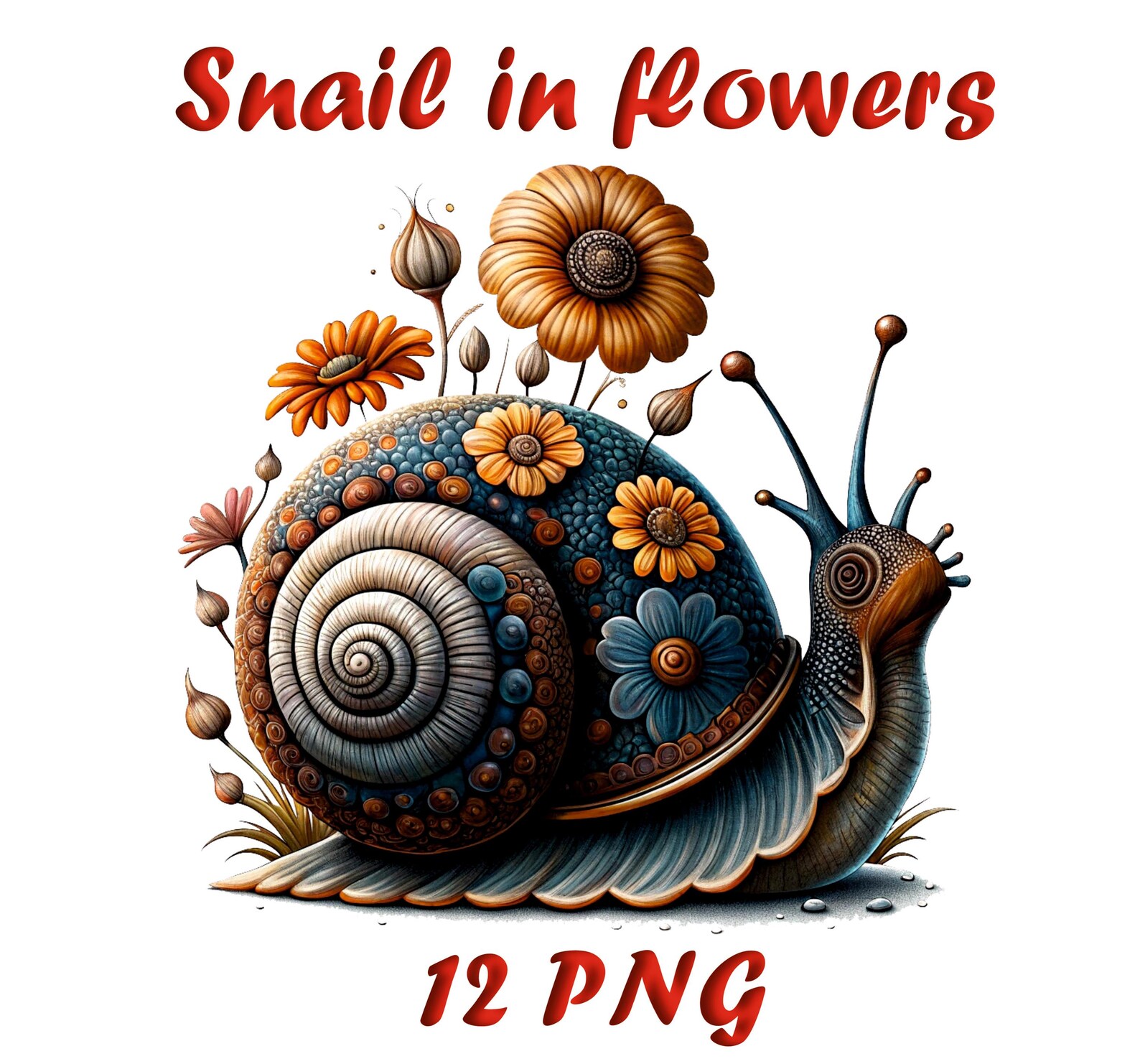 Snails in Flowers Watercolor Clip Art | 12 PNG Cute Garden Animals ...