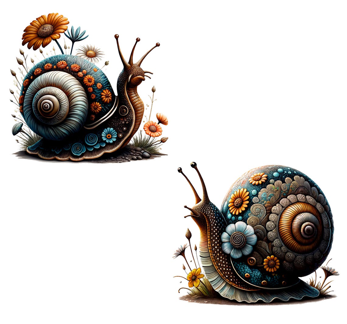 Snails in Flowers Watercolor Clip Art | 12 PNG Cute Garden Animals ...
