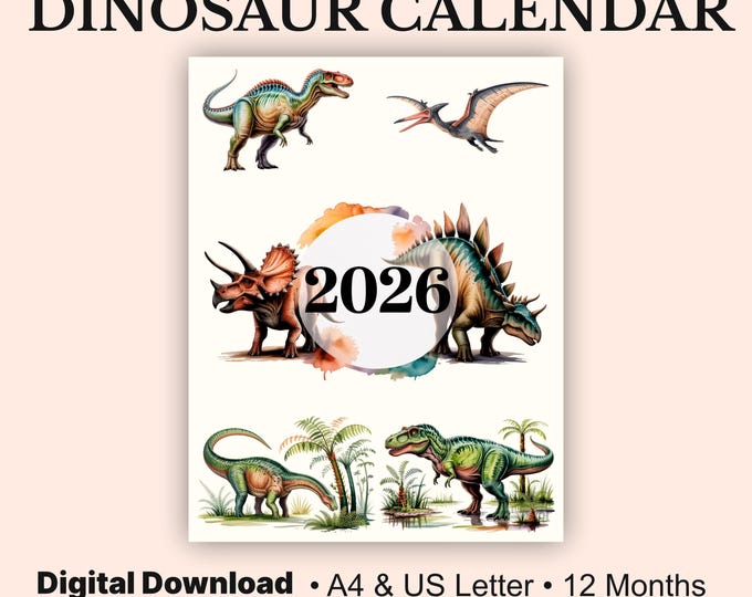 2026 Dinosaur Calendar Printable Horizontally in A4 and US Letter Size ...