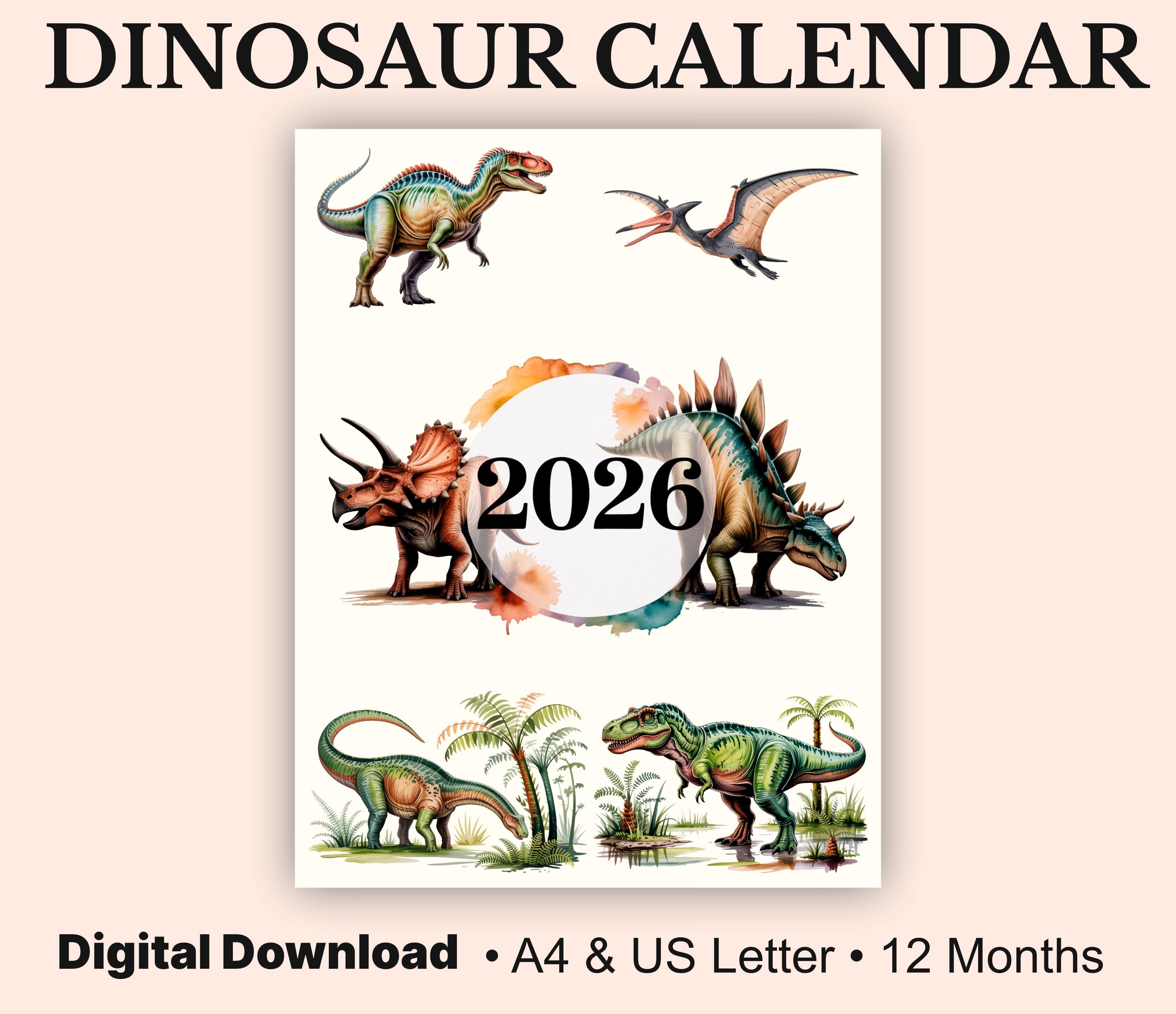 2026 Dinosaur Calendar Printable Horizontally in A4 and US Letter Size ...