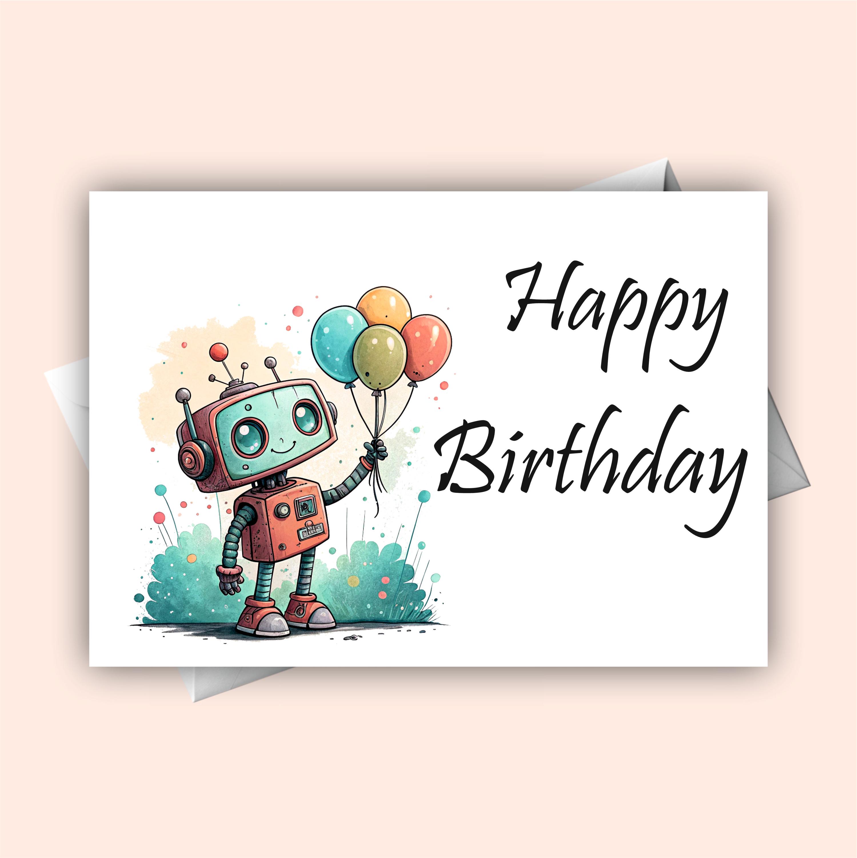Robot With Balloons Happy Birthday Card | Digital Birthday Card | Cute ...