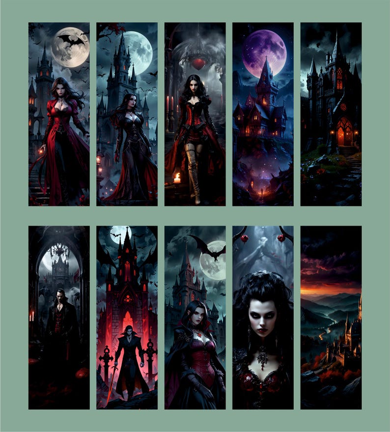 Gothic Vampire Printable Bookmarks Set - Dark Fantasy Book Lover Gift ...