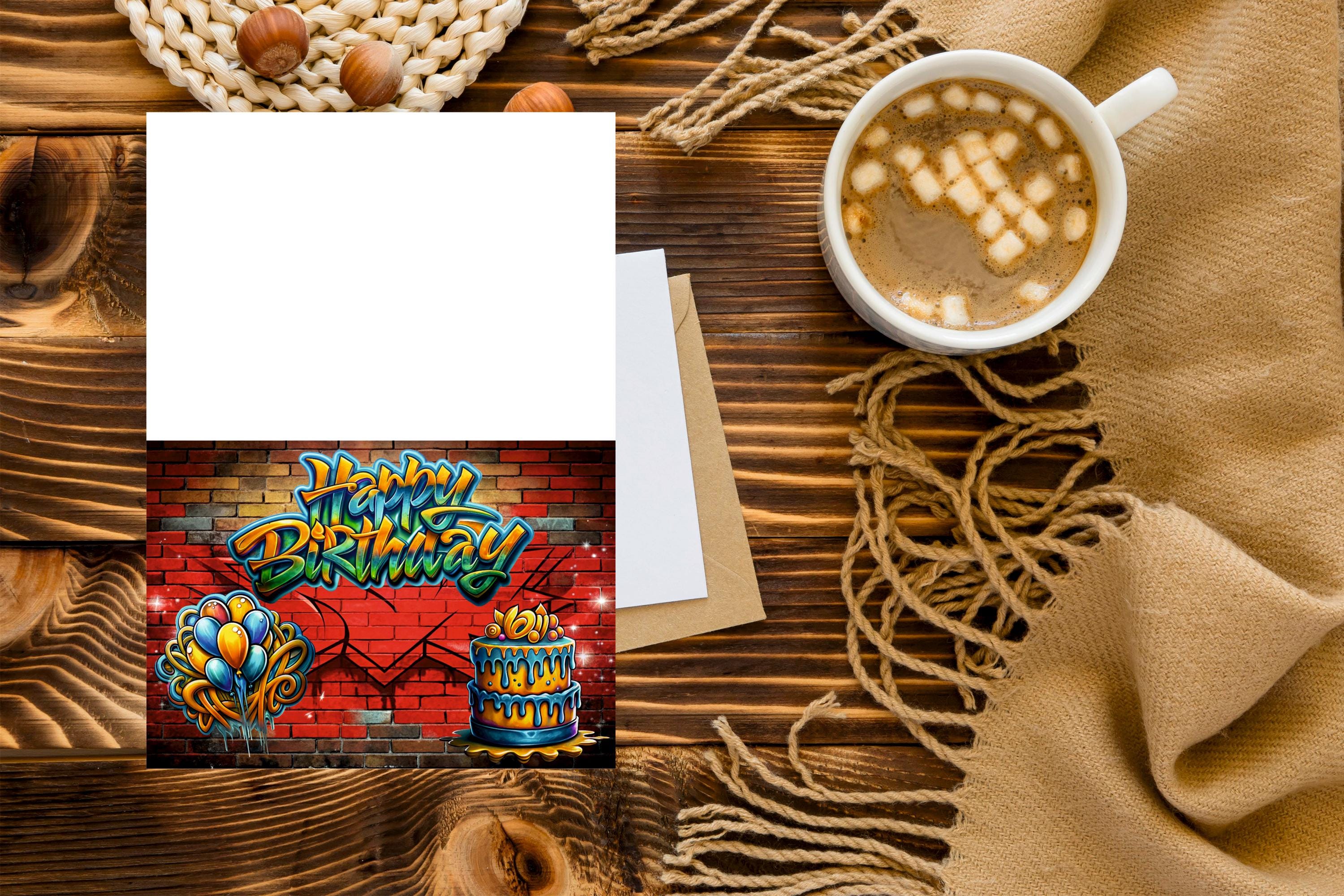 Happy Birthday Card - Graffiti Style Balloons and Cake/graffiti Card ...