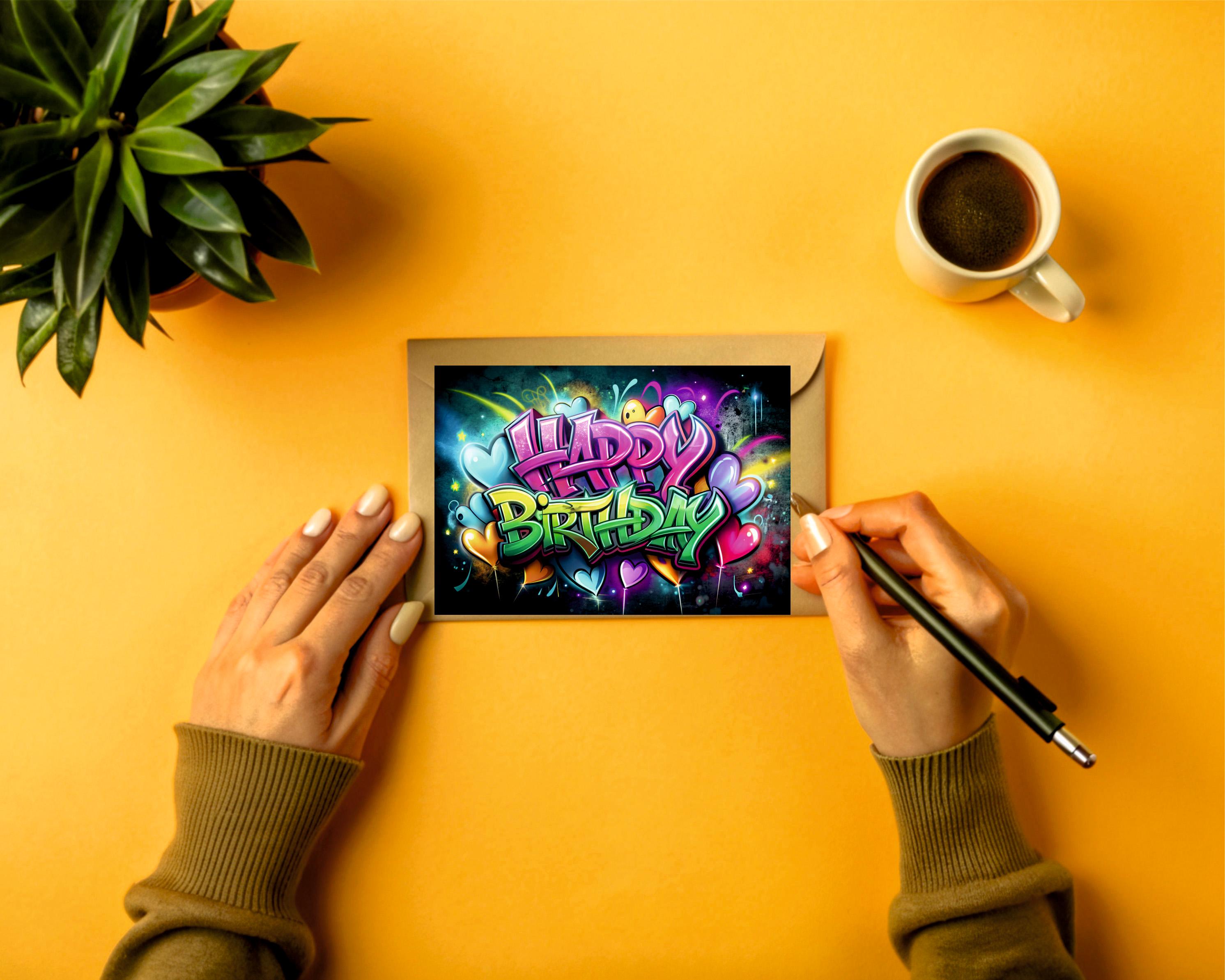 Graffiti Happy Birthday Hearts Digital Greeting Card – Unique and ...
