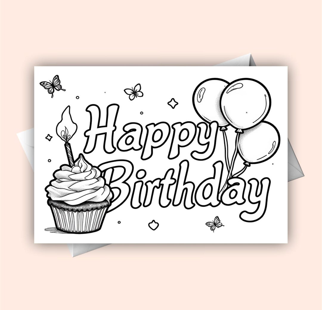 Happy Birthday Cupcake With Balloons Digital Card Coloring Page ...