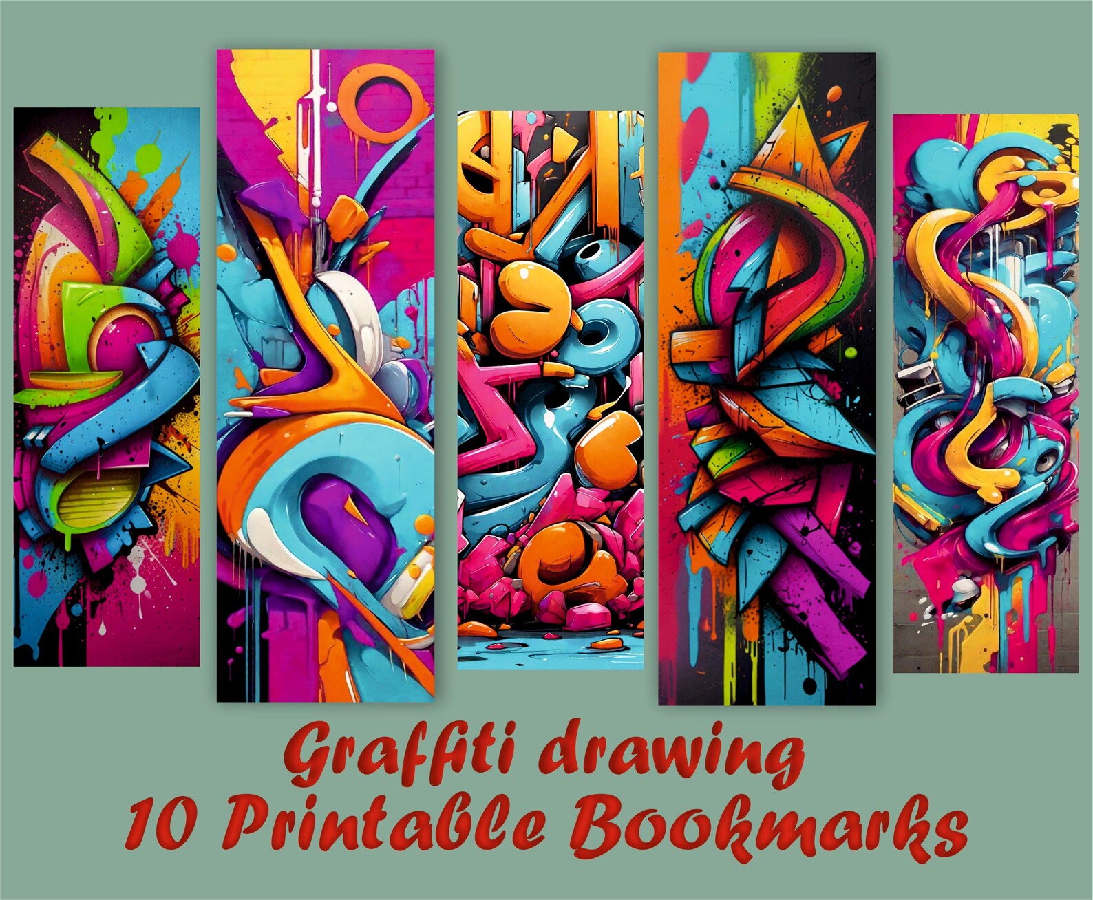 10 Graffiti Printable Bookmarks/jpg Bookmark Sheets/digital Download ...
