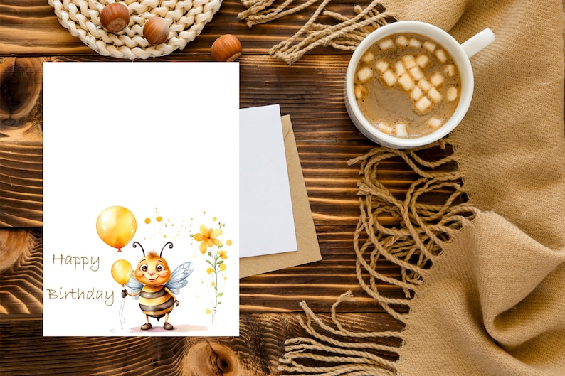 Happy Birthday Card With Fun Bee / Birthday Card With Colorful Balloons ...