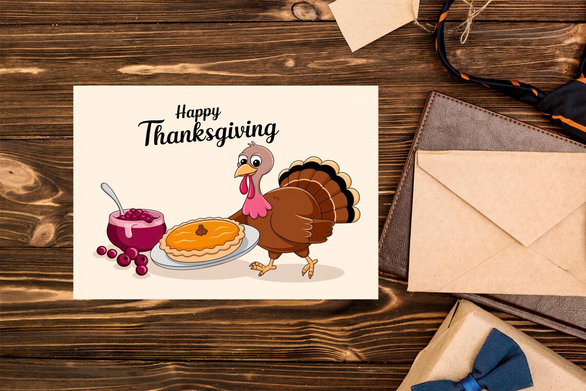 Thanksgiving Card With Cute Turkey, Cranberry Sauce, Pumpkin Pie and ...