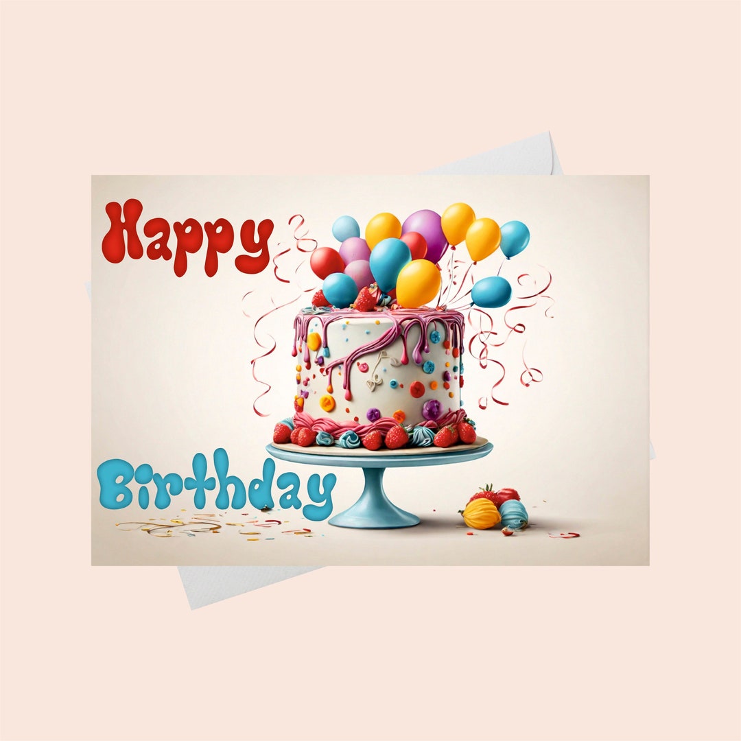 Happy Birthday Digital Greeting Card With Cake and Balloons for a ...