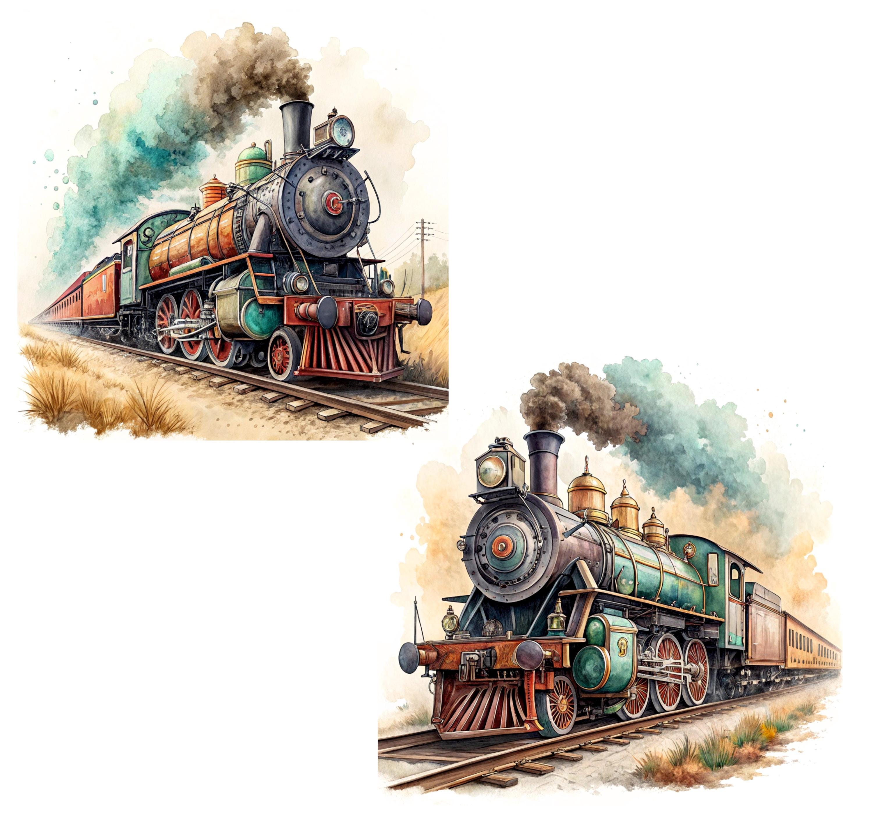 Steam Locomotives Watercolor Clip Art | Vintage Train 21 JPG | Railway ...