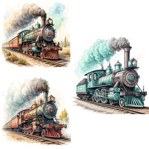 Steam Locomotives Watercolor Clip Art | Vintage Train 21 JPG | Railway ...
