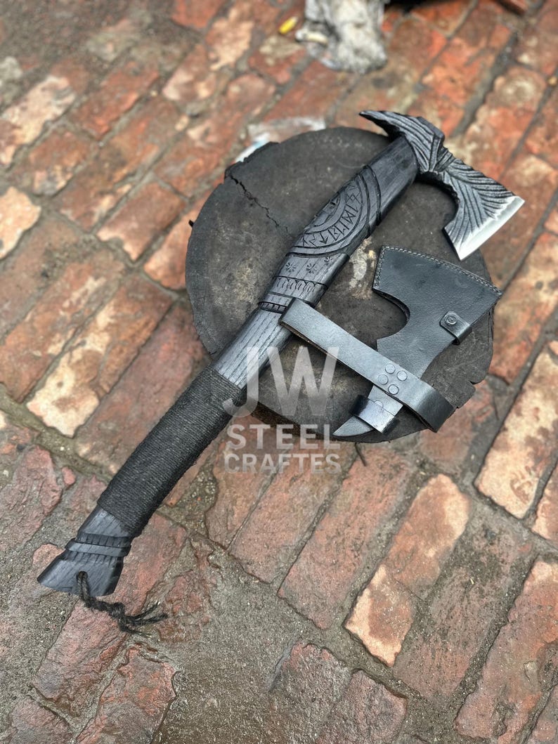 Engraved Viking Axe – Handmade Bearded Axe With Carved Wooden Handle ...