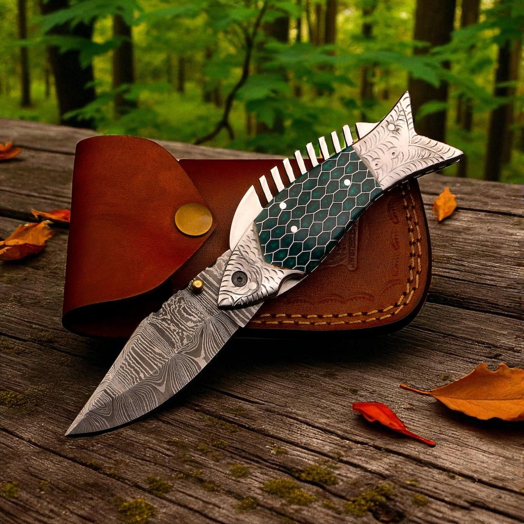 Damascus Fish Shaped Pocket Knife | EDC Folding Knife | Green Epoxy ...