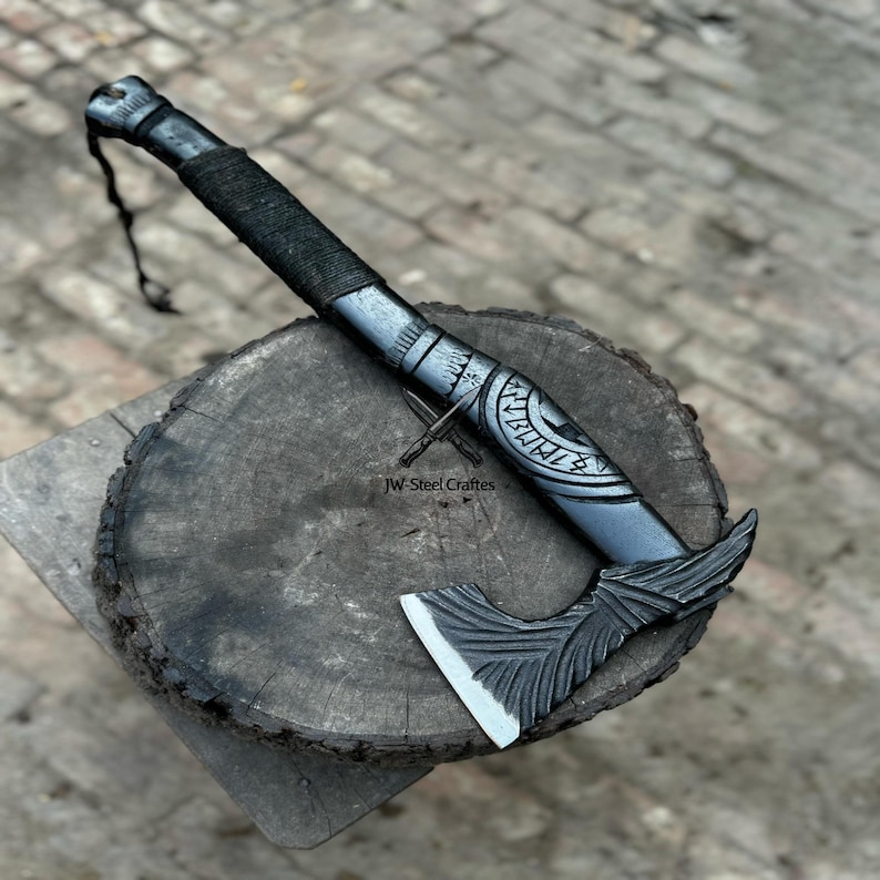 Engraved Viking Axe – Handmade Bearded Axe With Carved Wooden Handle ...