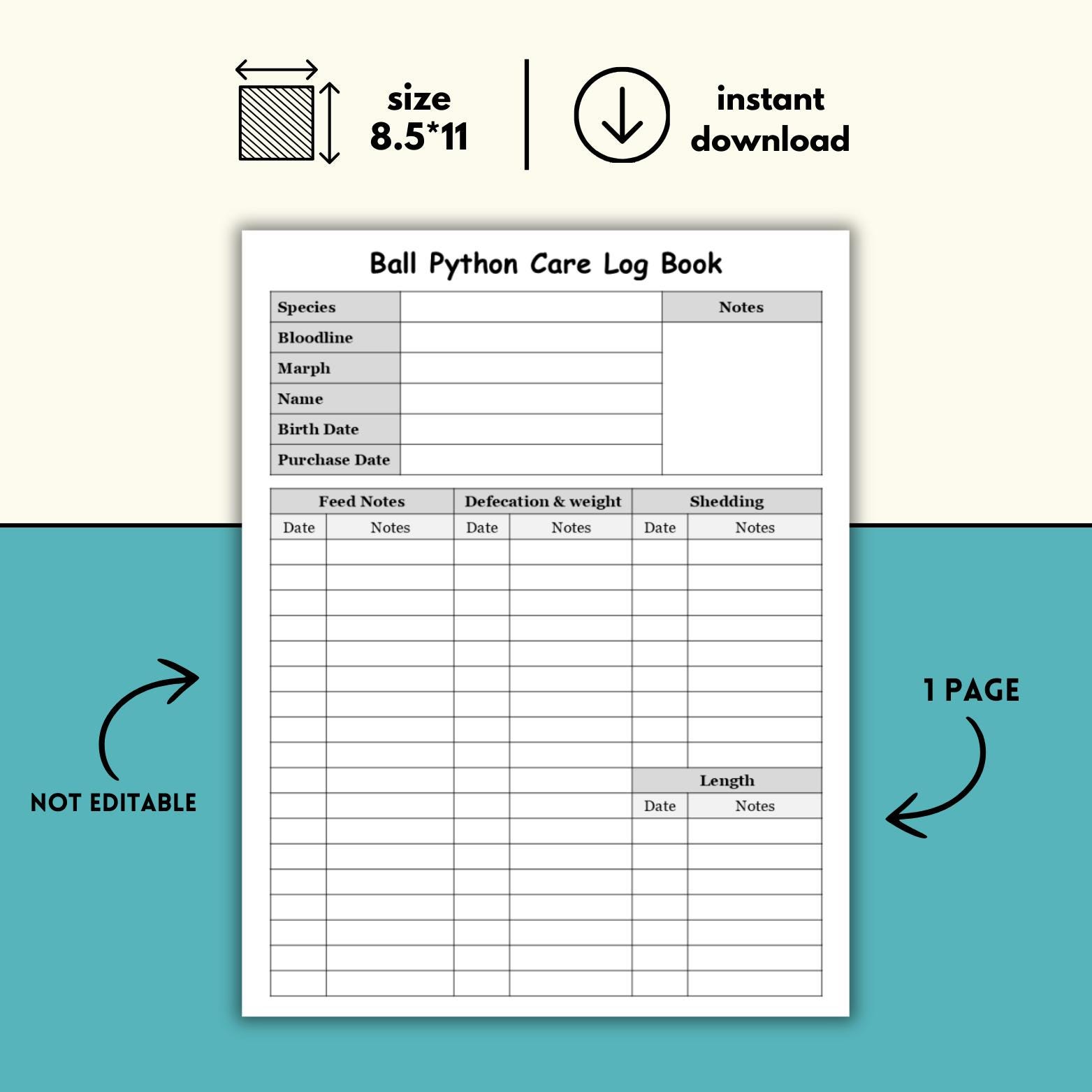 Ball Python Care Printable Planner Tracker, Reptile Care and Feeding ...
